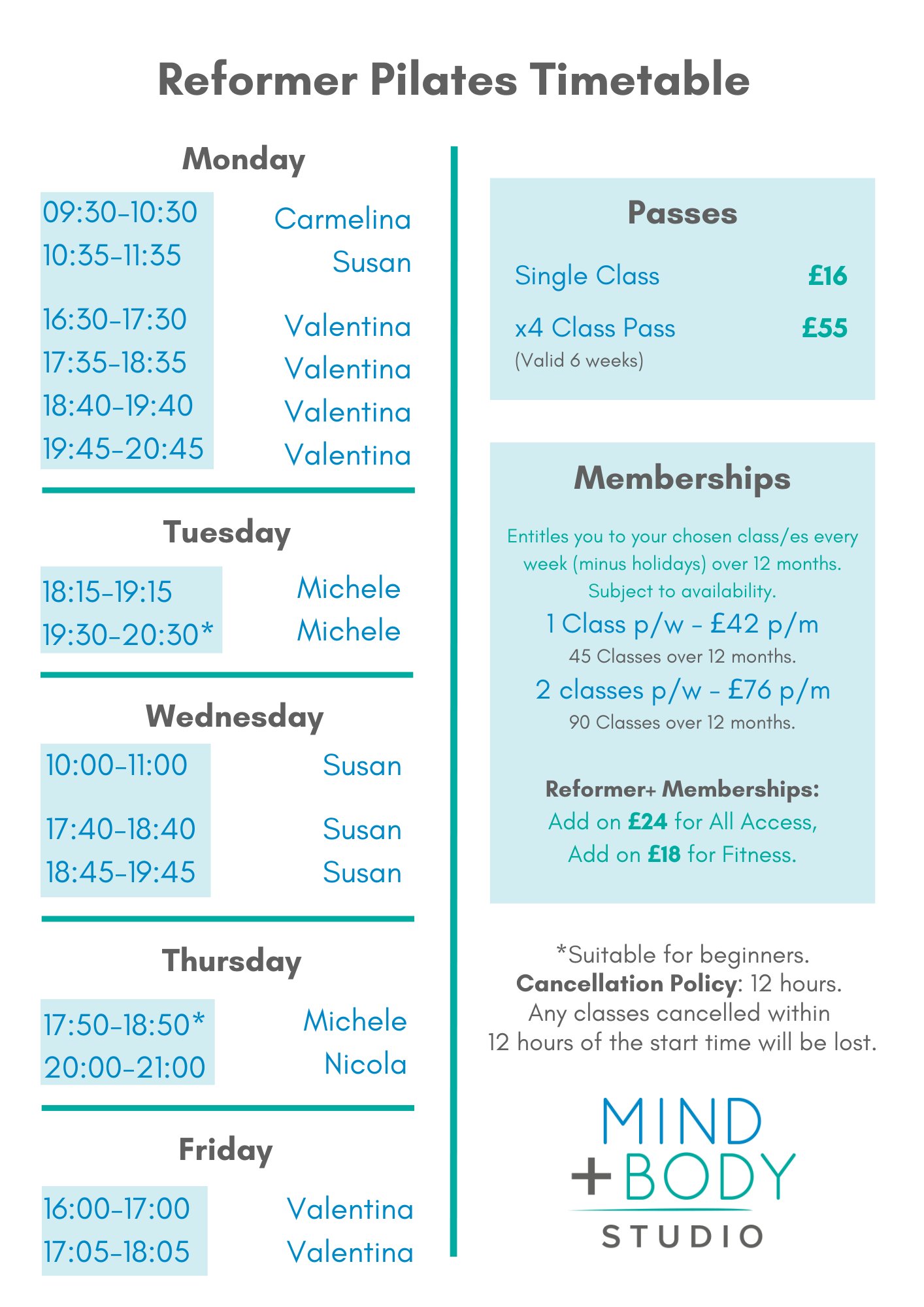 Timetable - Mind and Body Studio