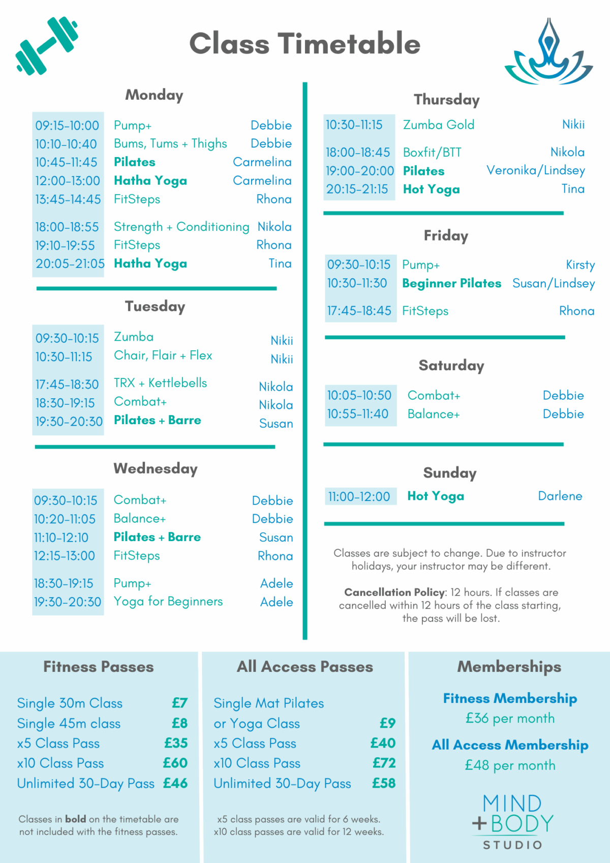 Timetable - Mind and Body Studio