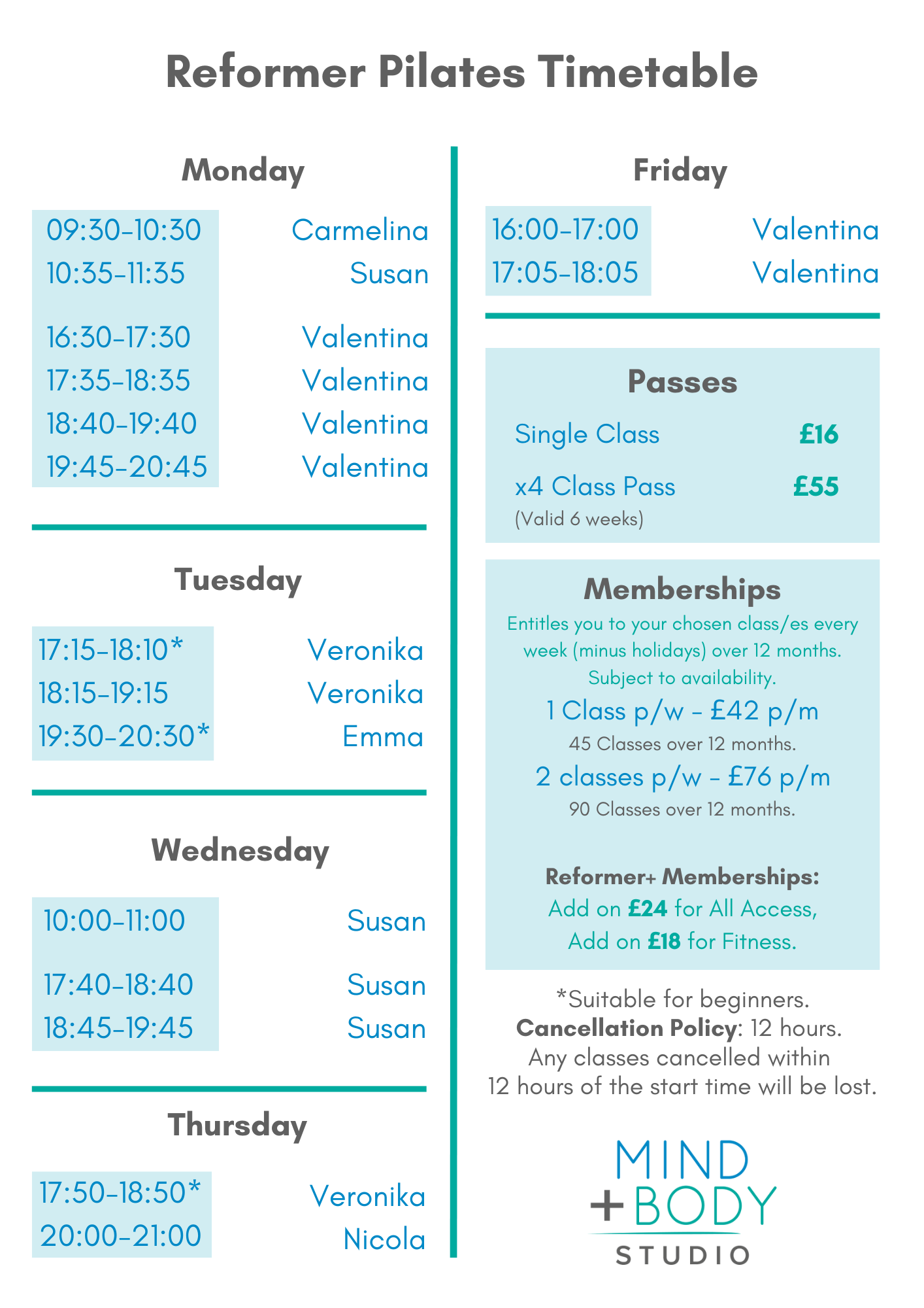 Timetable - Mind and Body Studio
